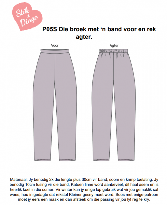 P05 S Broek met band voor en rek agter pdf patroon Standaard S-4XL (A4 ...